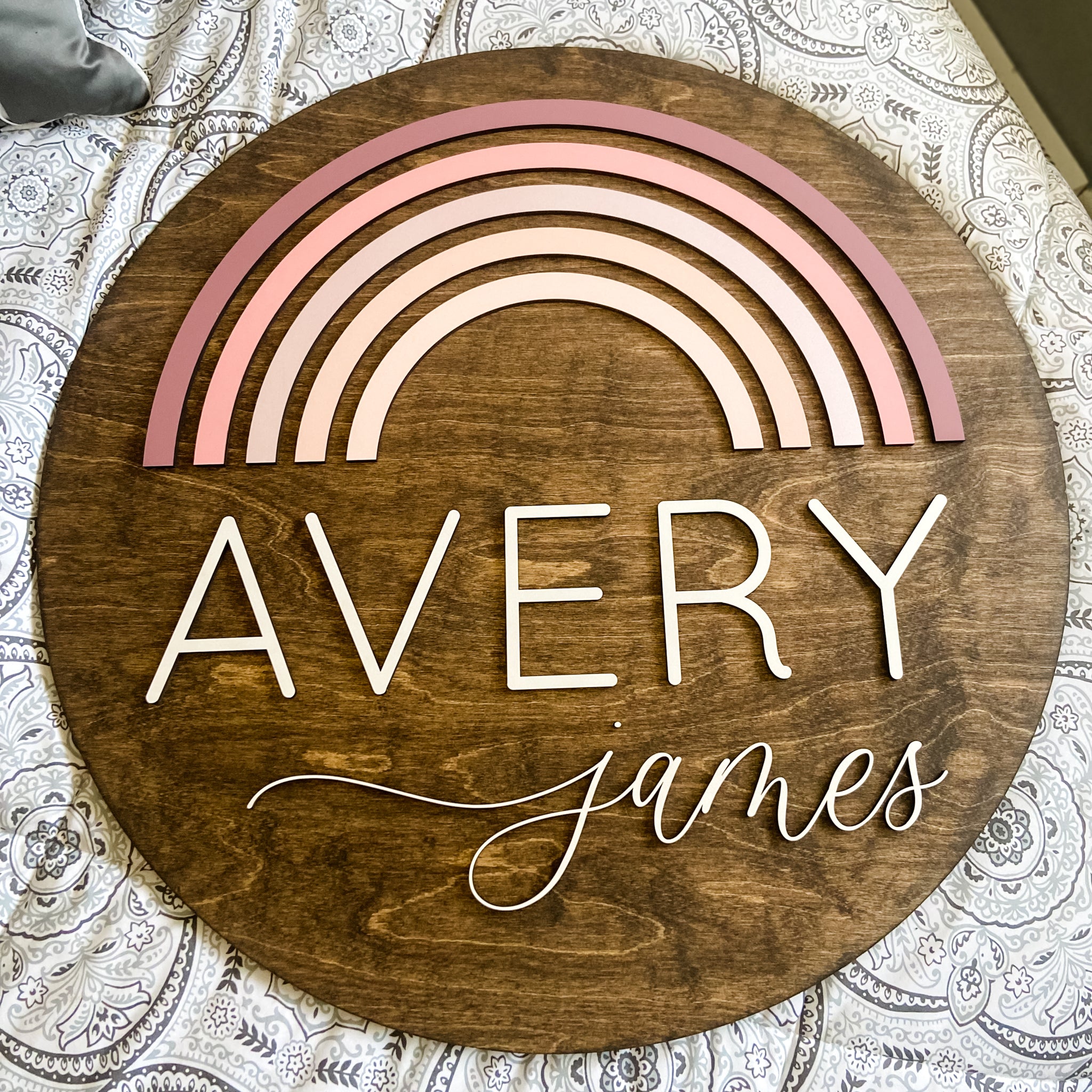 Avery James Rainbow Round Name Sign – Hickory Hollow Designs